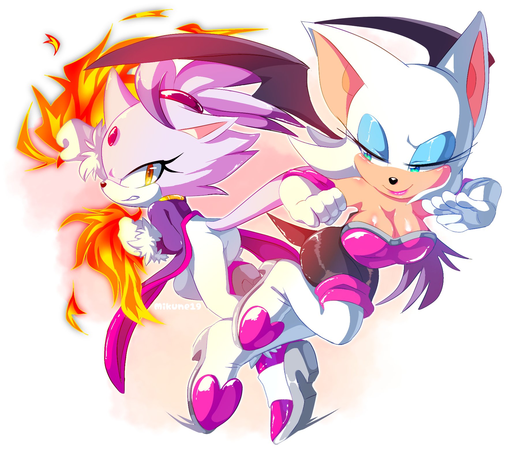 #4280 - safe, artist:mikune_19, blaze the cat, rouge the bat, bat, cat, blaze's tailcoat, fire ...