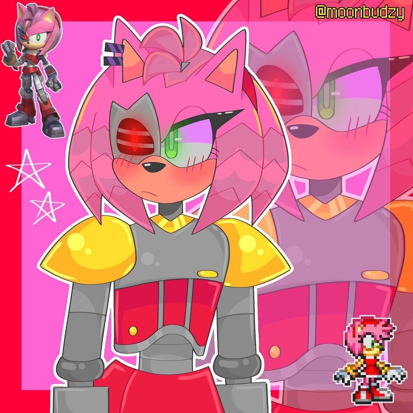 #10434 - safe, artist:moonbuddyz, amy rose, hedgehog, sonic prime, abstract background, blushing ...