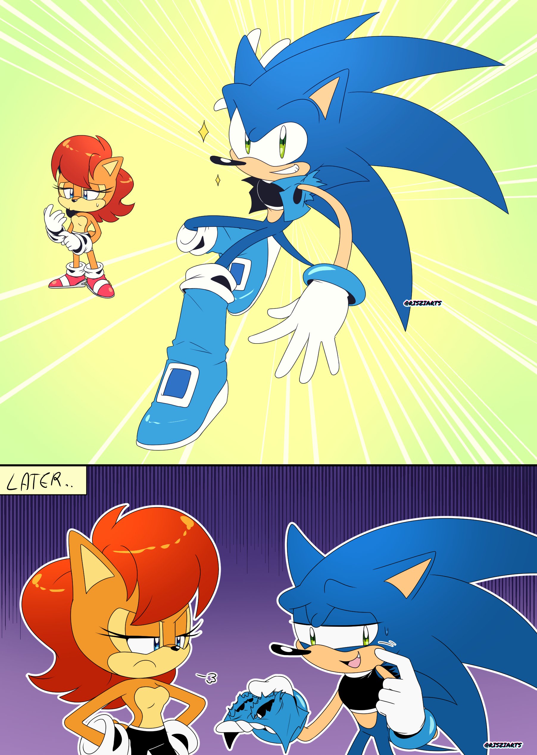 #18622 - safe, sally acorn, sonic the hedgehog, comic, embarrassed, english text, outfit swap ...