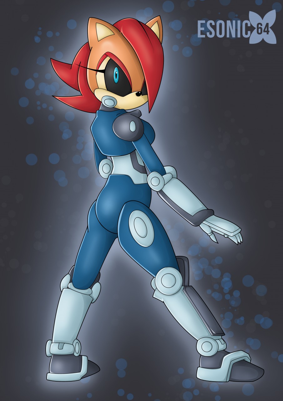 #203 - safe, artist:esonic64, metal sally, sally acorn, black sclera, looking back, mecha sally ...