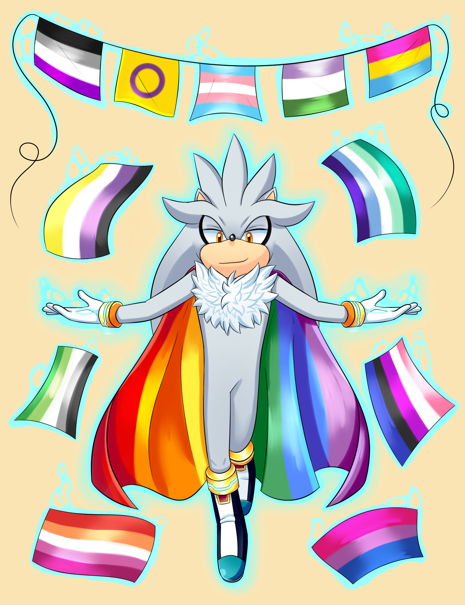 #5887 - safe, artist:fire-for-battle, silver the hedgehog, hedgehog, arms out, aromantic pride ...