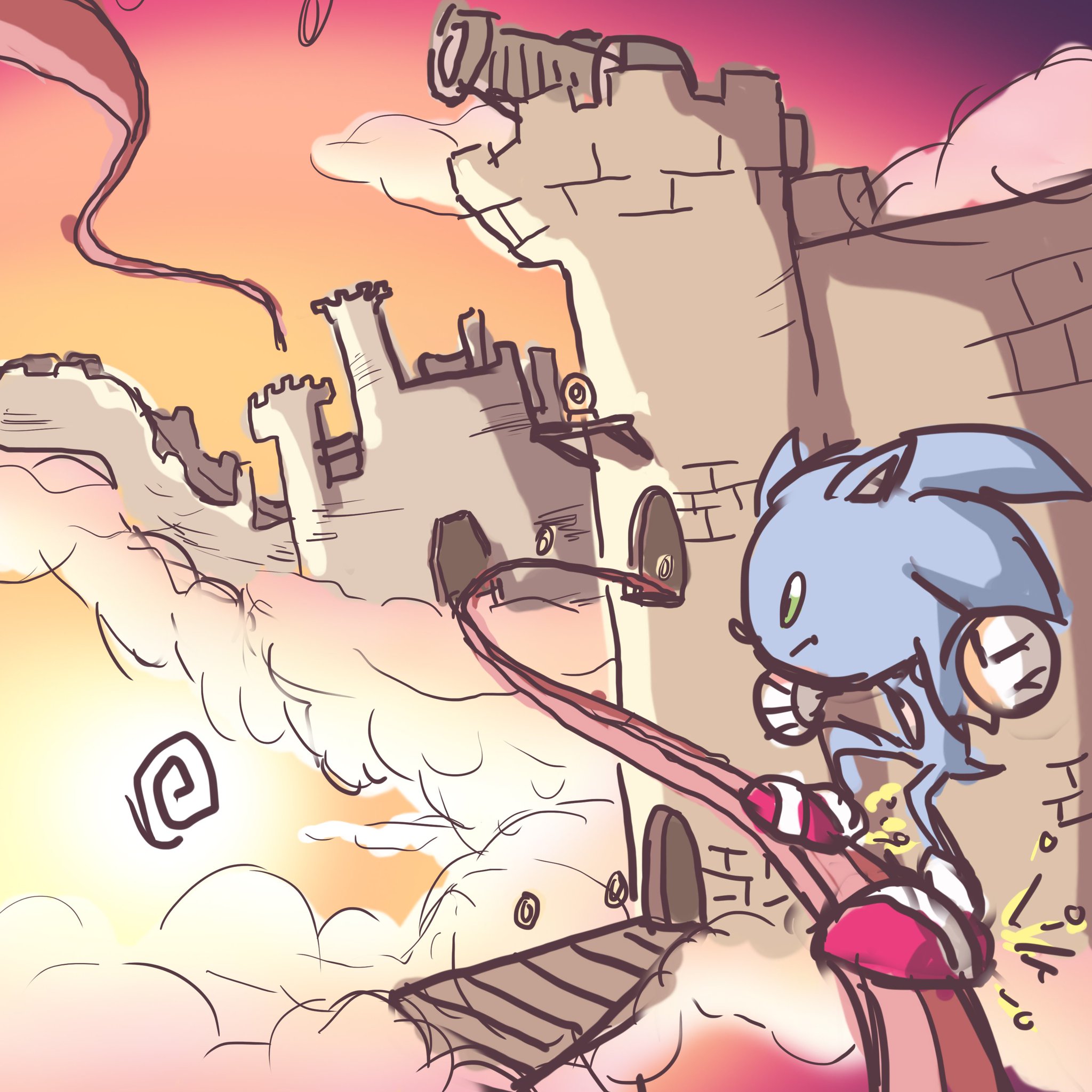 #8491 - safe, artist:radicalsoda, sonic the hedgehog, arms out, castle, clouds, frown, looking ...