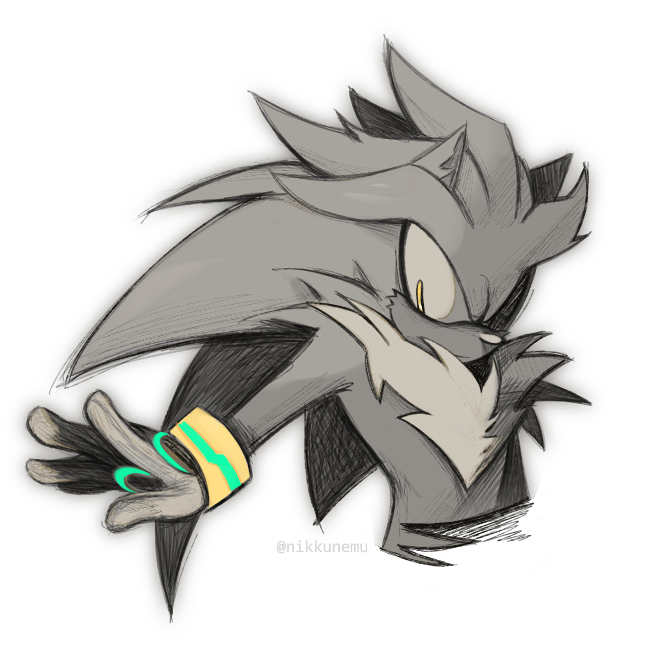 #34702 - safe, artist:nikkunemustuff555, silver the hedgehog, 2025, frown, greyscale, looking ...