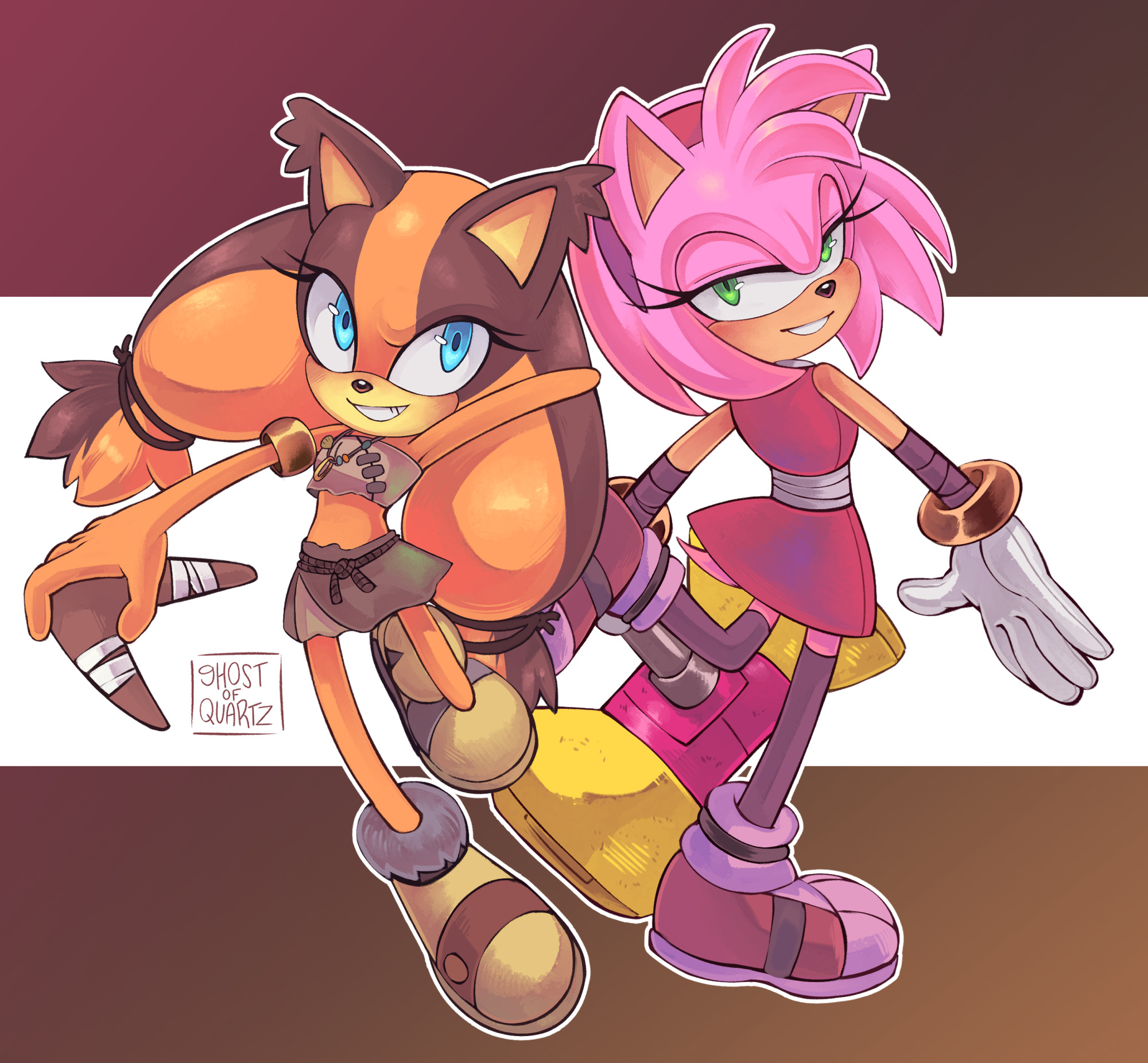 #34886 - safe, artist:ghostofquartz, amy rose, sticks the badger, 2025, abstract background ...